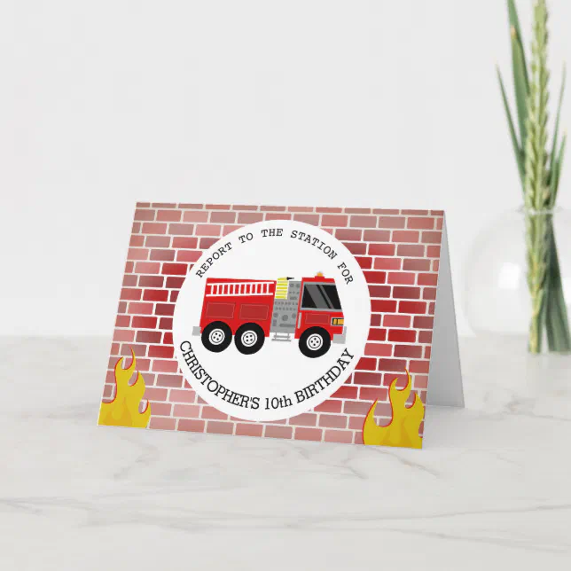 Firefighter Fire Truck Bricks Flames Birthday Invitation | Zazzle