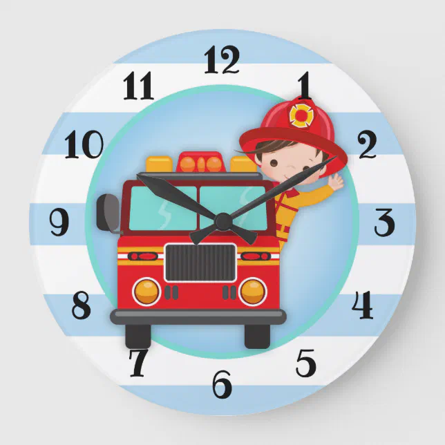 Firefighter Fire Truck Brown Hair Boy Large Clock | Zazzle