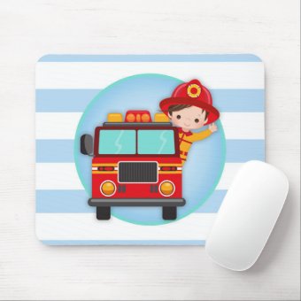 Firefighter Fire Truck Brown Hair Boy Mouse Pad | Zazzle