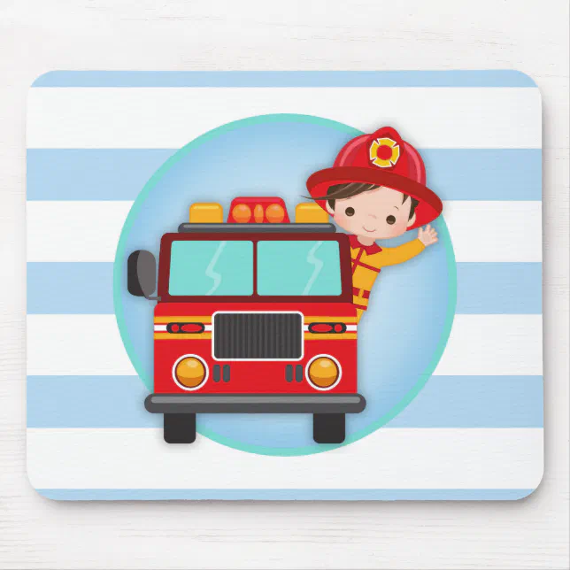 Firefighter Fire Truck Brown Hair Boy Mouse Pad | Zazzle