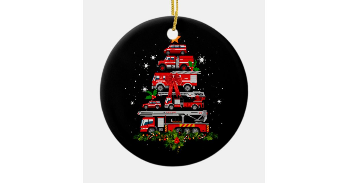 Firefighter Fire Truck Christmas Tree Lights Santa Ceramic Ornament ...