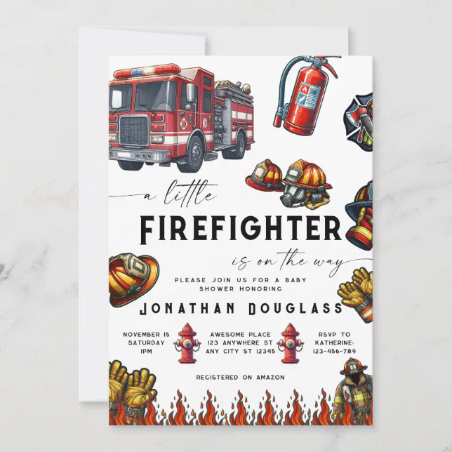 Firefighter Fire Truck Fireman Baby Shower Invitation | Zazzle