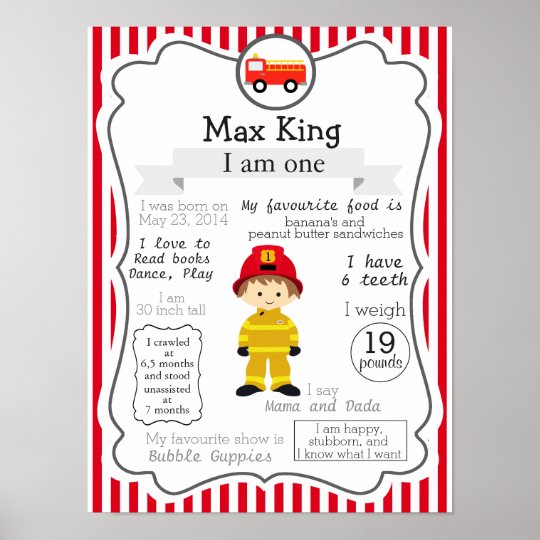 Firefighter First Birthday poster for a boy | Zazzle.com