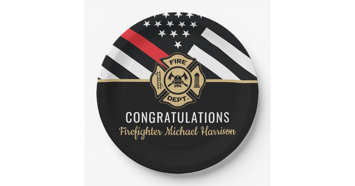 Firefighter Flag Fire Academy Graduation Red Line Paper Plates | Zazzle