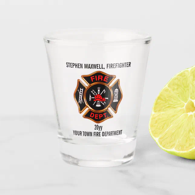 Firefighter Flames Emblem Name and Department Shot Glass | Zazzle
