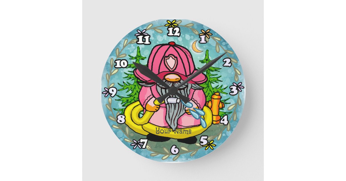 Firefighter Gnome custom name Round Clock | Zazzle