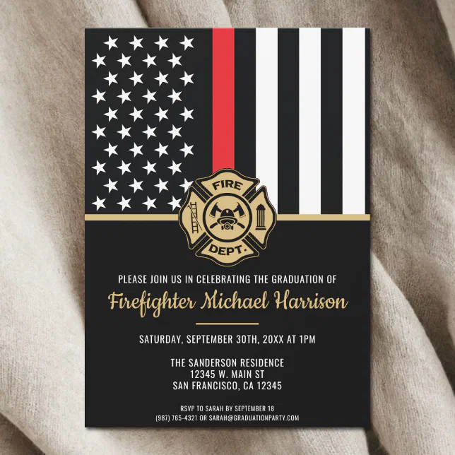 Firefighter Graduation Red Flag Fireman Invitation | Zazzle