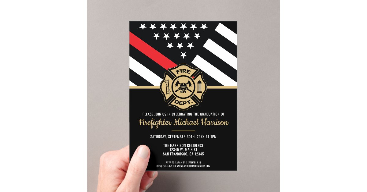 Firefighter Graduation Red Line Flag Fireman Acrylic Invitations | Zazzle