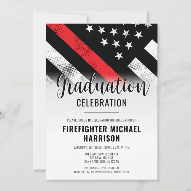 Firefighter Graduation Red Line Flag Fireman Invitation | Zazzle