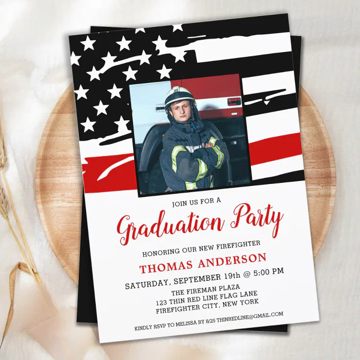 Firefighter Graduation Thin Red Line Fireman Photo Invitation | Zazzle