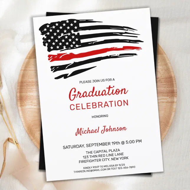 Firefighter Graduation Thin Red Line Flag Party Invitation | Zazzle