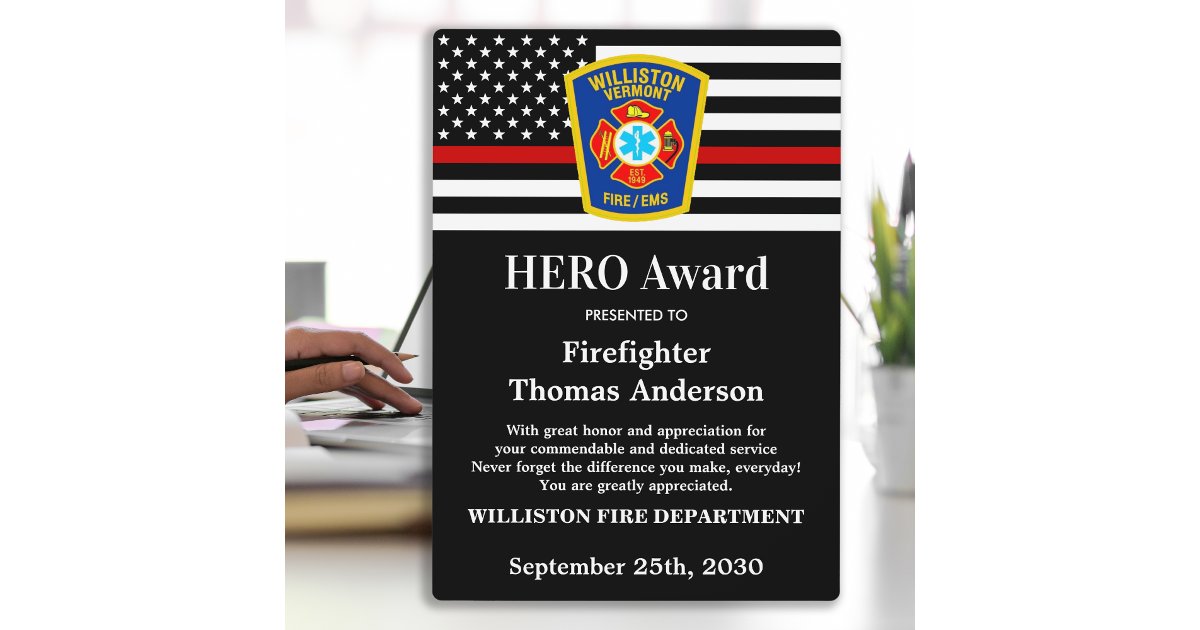 Firefighter HERO Award Thin Red Line Plaque | Zazzle