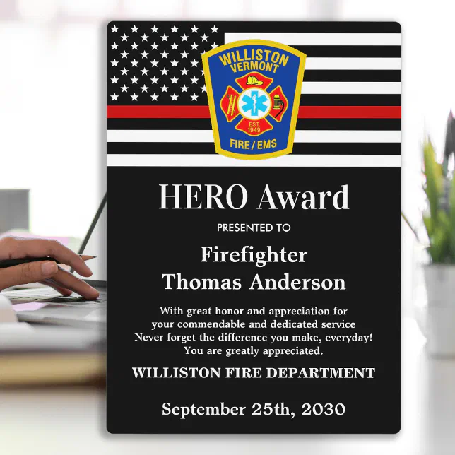 Firefighter HERO Award Thin Red Line Plaque | Zazzle
