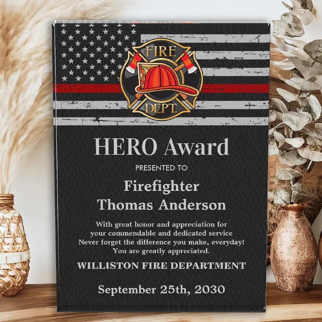 Firefighter HERO Custom Logo Thin Red Line Acrylic Award | Zazzle