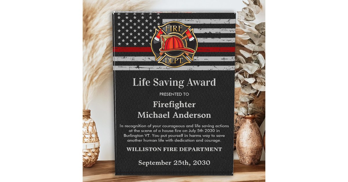 Firefighter Life Saving Custom Logo Thin Red Line Acrylic Award | Zazzle