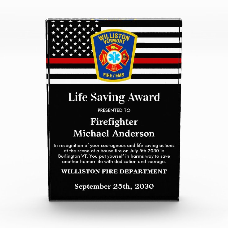 Firefighter Life Saving Department Custom Logo Acrylic Award | Zazzle