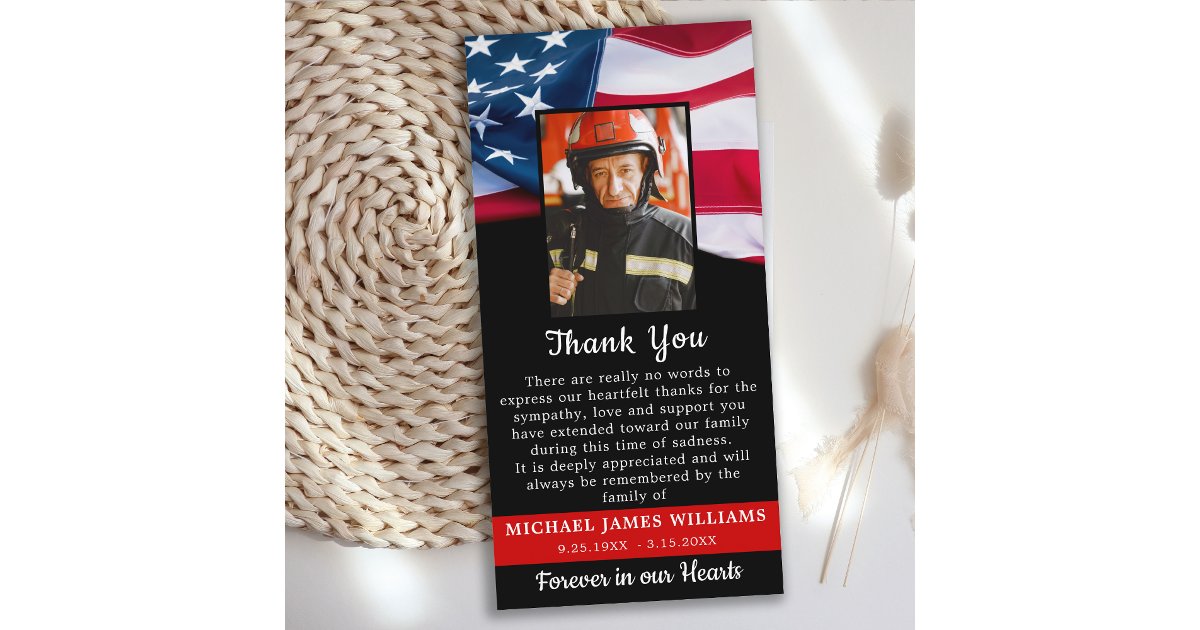 Firefighter Memorial Flag Patriotic Funeral Thank You Card | Zazzle