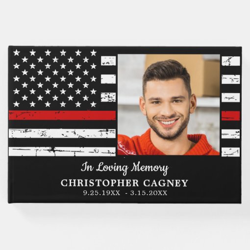 Firefighter Memorial Loving Memory Photo Funeral Guest Book | Zazzle