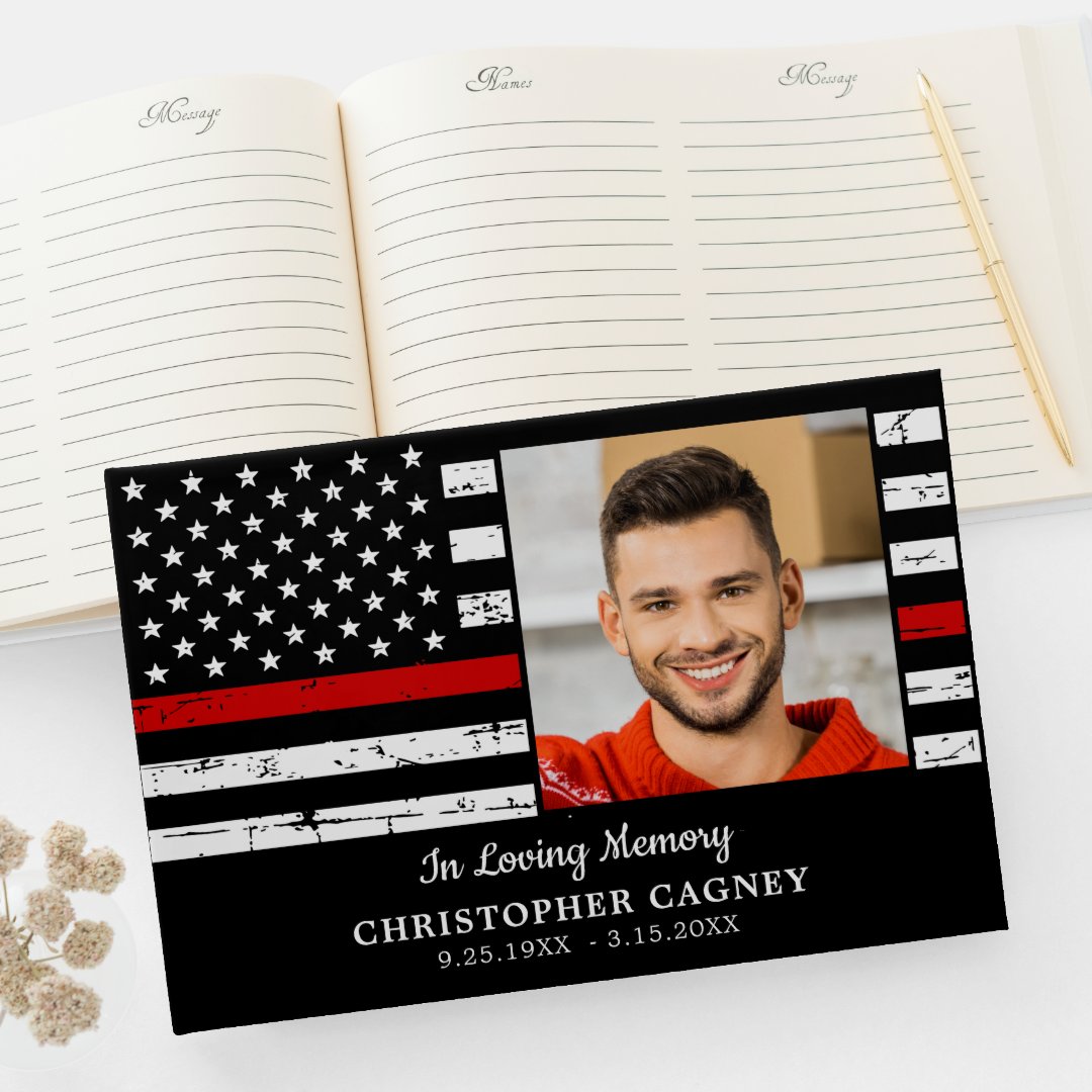Firefighter Memorial Loving Memory Photo Funeral Guest Book | Zazzle