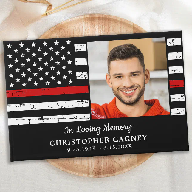 Firefighter Memorial Loving Memory Photo Funeral Guest Book | Zazzle