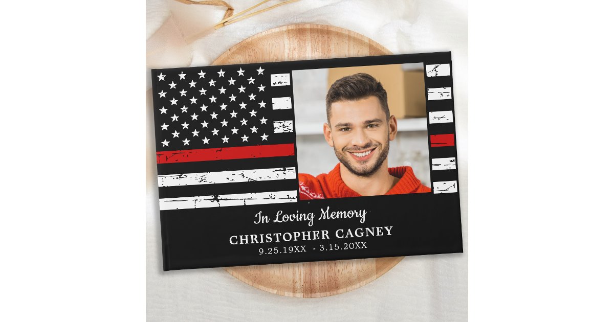 Firefighter Memorial Loving Memory Photo Funeral Guest Book | Zazzle