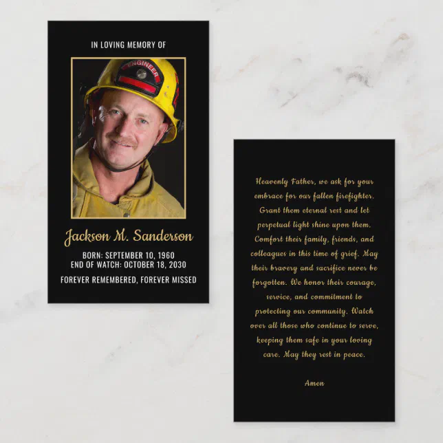 Firefighter Memorial Photo Funeral Prayer Card | Zazzle