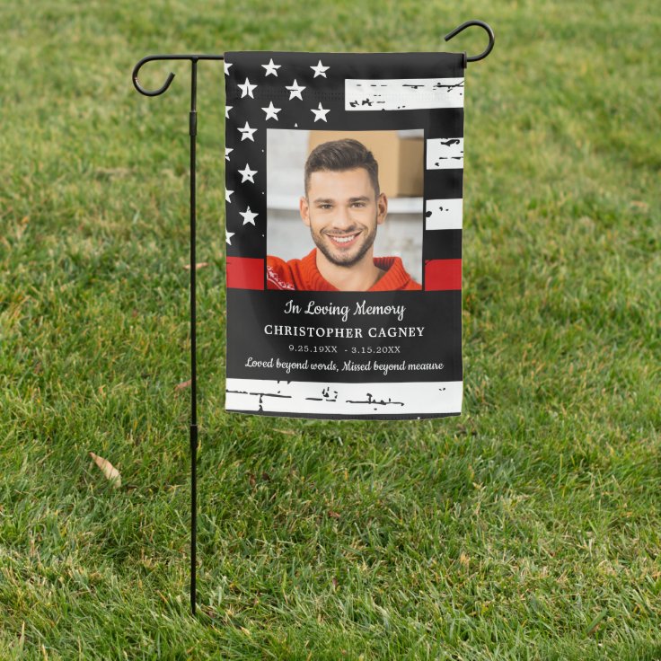 Firefighter Memorial Photo Thin Red Line Cemetery Garden Flag | Zazzle