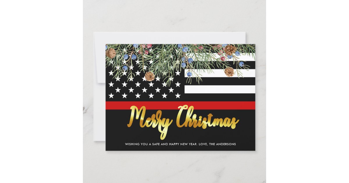 Firefighter Merry Christmas Thin Red Line Holiday Card | Zazzle