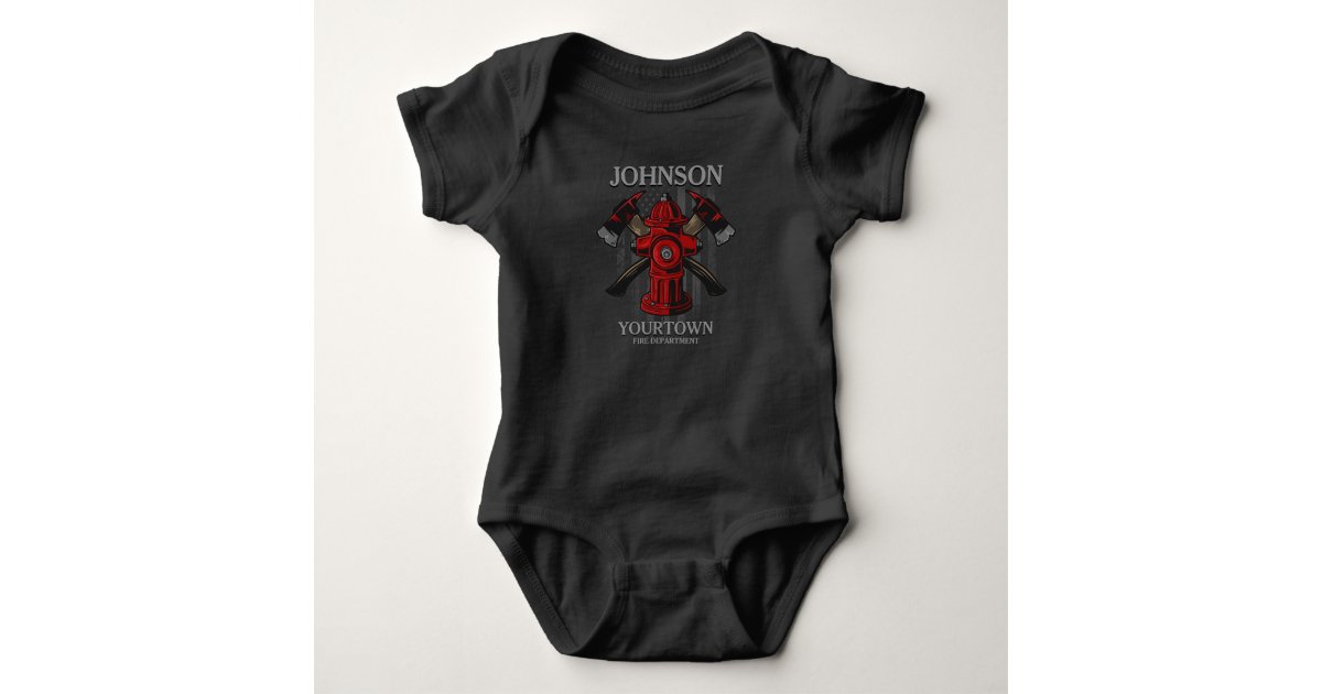 Firefighter NAME Fire Department Hydrant USA Flag Baby Bodysuit | Zazzle