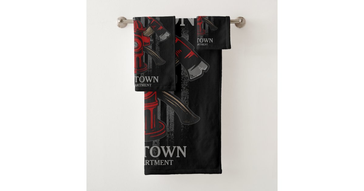 Firefighter NAME Fire Department Hydrant USA Flag Bath Towel Set | Zazzle
