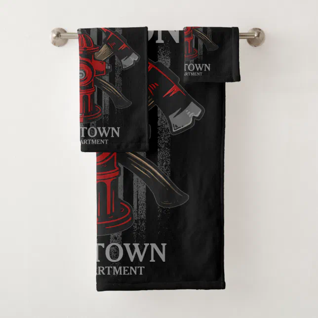 Firefighter NAME Fire Department Hydrant USA Flag Bath Towel Set | Zazzle
