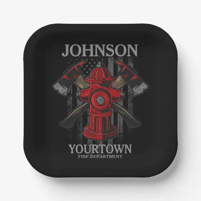 Firefighter NAME Fire Department Hydrant USA Flag Paper Plates | Zazzle