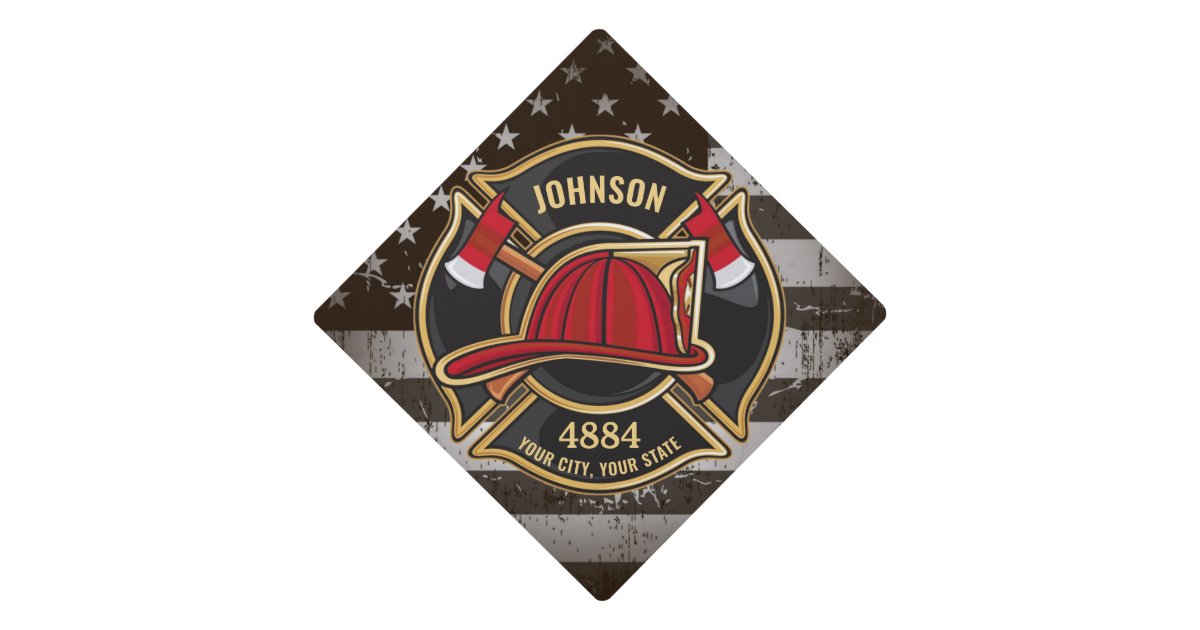Firefighter NAME Fireman Fire Department USA Flag Graduation Cap Topper ...