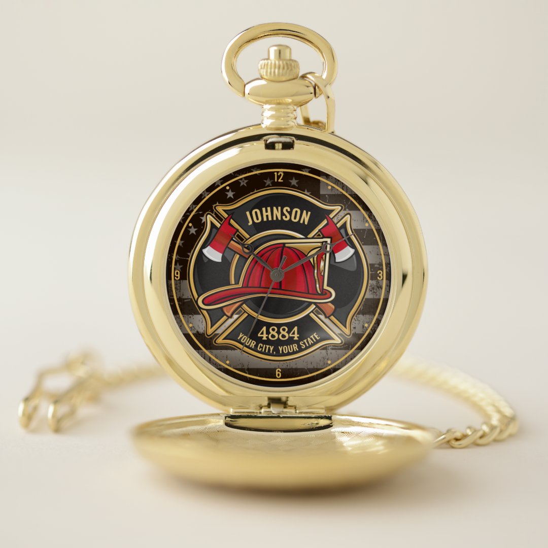 Firefighter NAME Fireman Fire Department USA Flag Pocket Watch | Zazzle