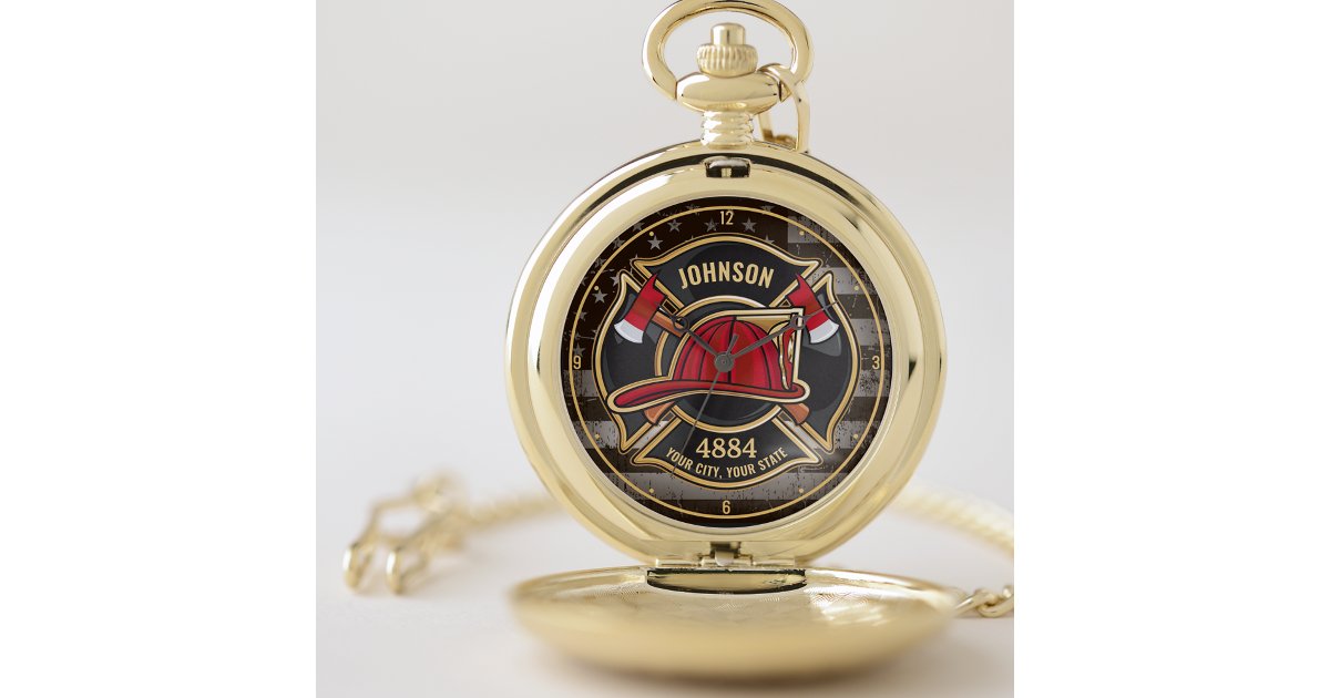 Firefighter NAME Fireman Fire Department USA Flag Pocket Watch | Zazzle