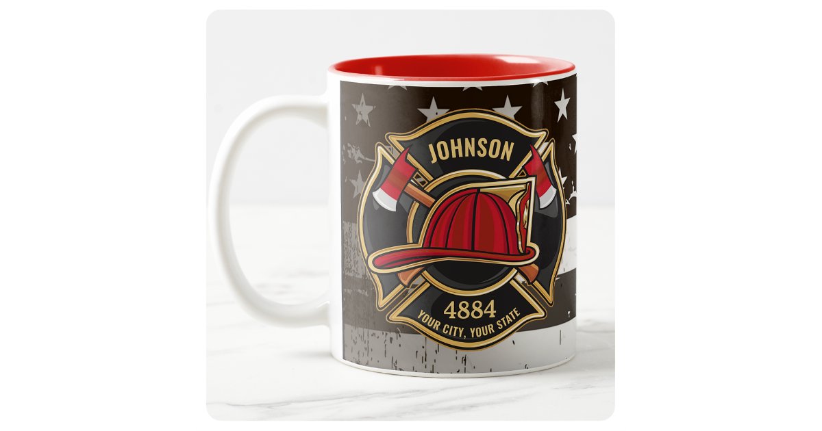 Firefighter NAME Fireman Fire Department USA Flag Two-Tone Coffee Mug ...