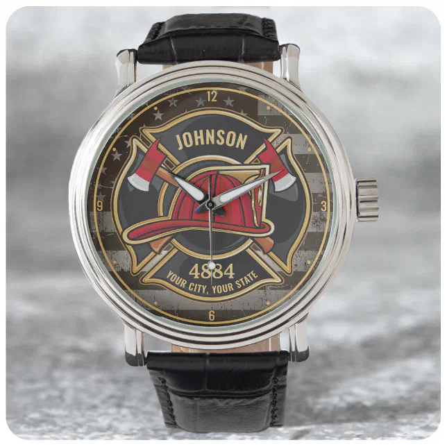 Firefighter NAME Fireman Fire Department USA Flag Watch | Zazzle