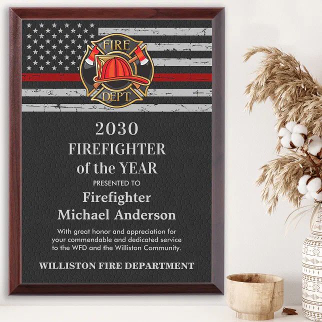 Firefighter Of The Year Custom Logo Thin Red Line Award Plaque | Zazzle