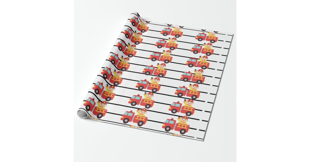 Firefighter red and fire truck pattern wrapping paper | Zazzle
