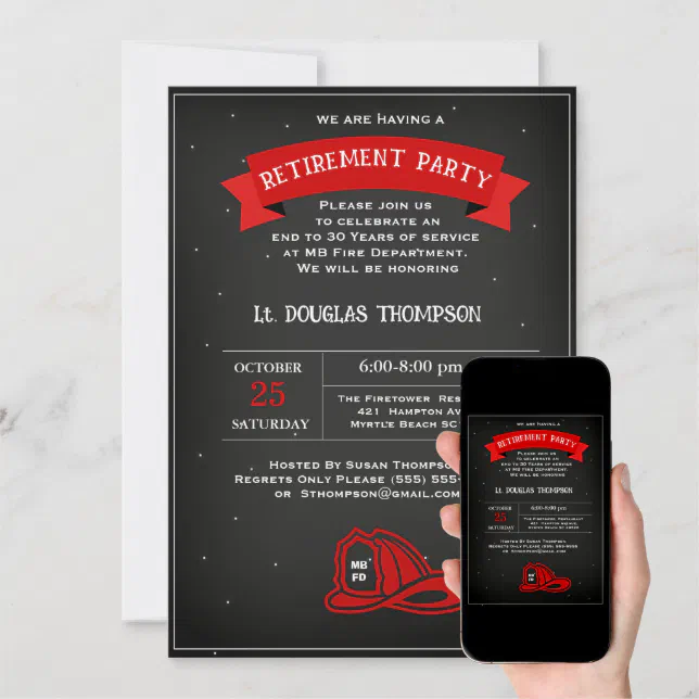 Firefighter Red Black Retirement Party Invitation | Zazzle