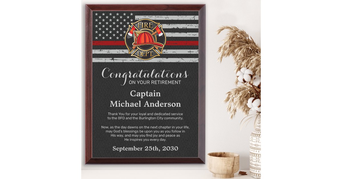 Firefighter Retirement Custom Emblem Thin Red Line Award Plaque | Zazzle