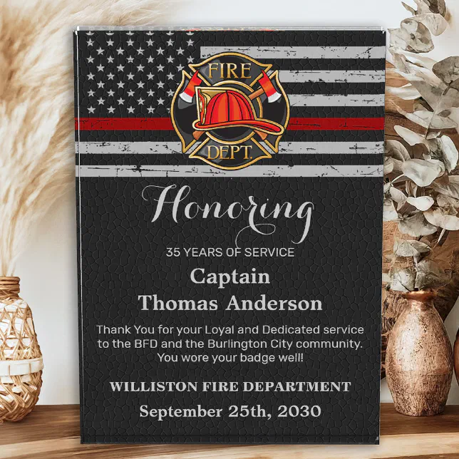 Firefighter Retirement Custom Years Thin Red Line Acrylic Award | Zazzle