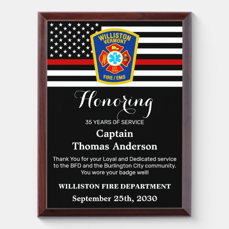 Firefighter Retirement Department Custom Logo Award Plaque | Zazzle