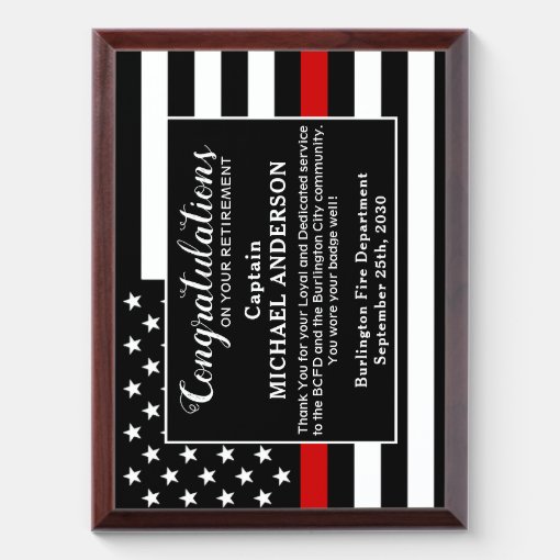 Firefighter Retirement Fire Service Thin Red Line Award Plaque | Zazzle
