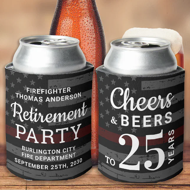 Firefighter Retirement Party Personalized Red Line Can Cooler | Zazzle