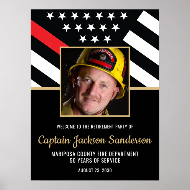Firefighter Retirement Party Red Line Flag Photo Poster | Zazzle