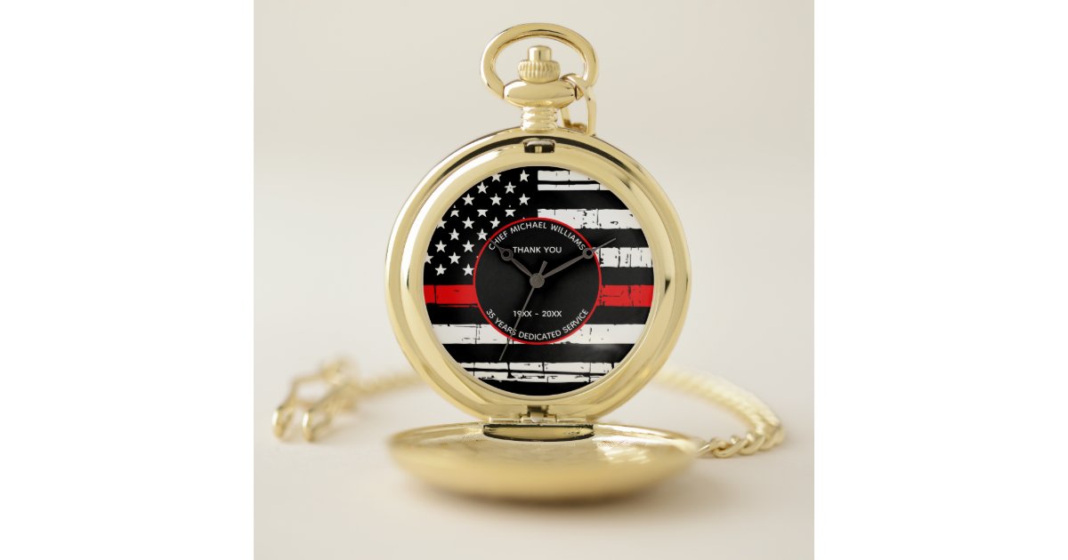 Firefighter Retirement Personalized Thin Red Line Pocket Watch | Zazzle