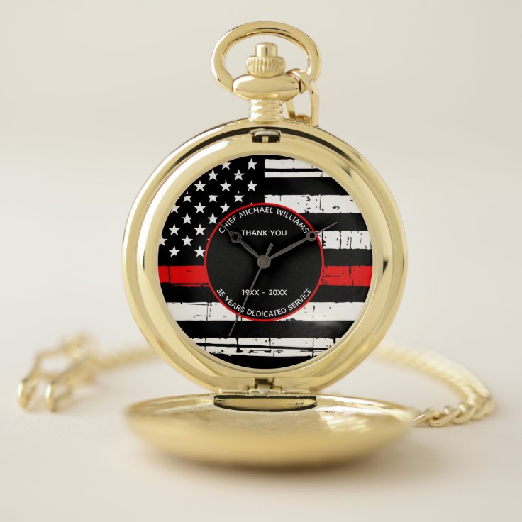 Firefighter Retirement Personalized Thin Red Line Pocket Watch | Zazzle