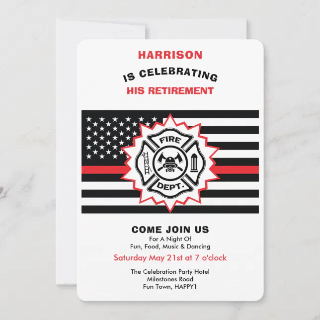 Firefighter Retirement Thin Red Line Celebration Invitation | Zazzle