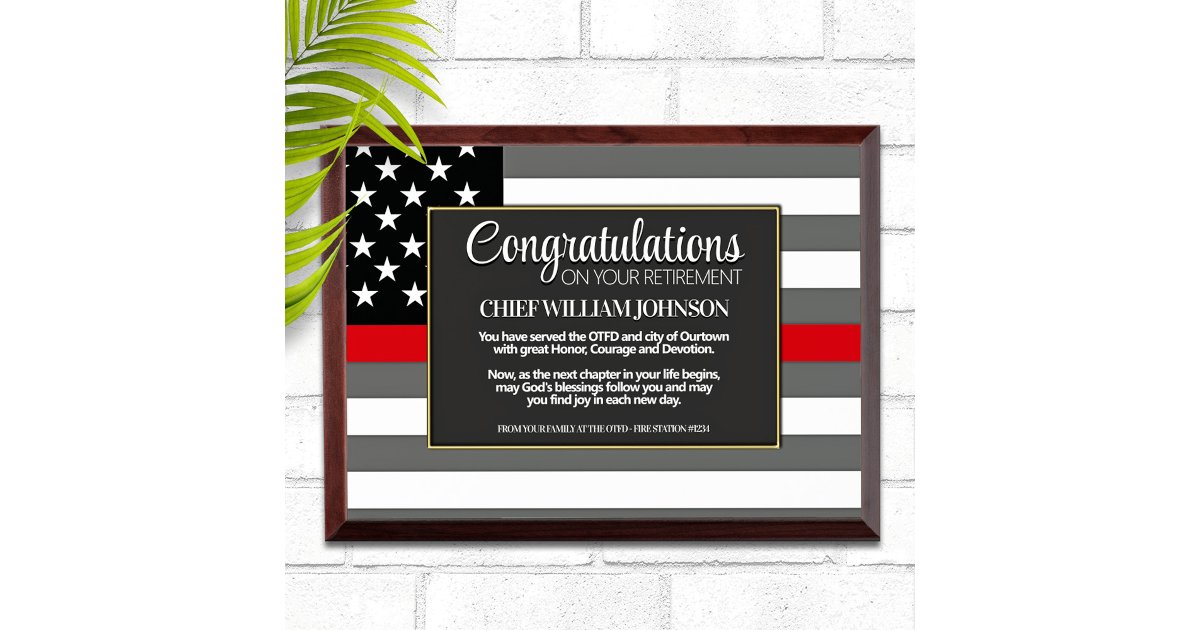 Firefighter Retirement Thin Red Line Flag Award Plaque | Zazzle